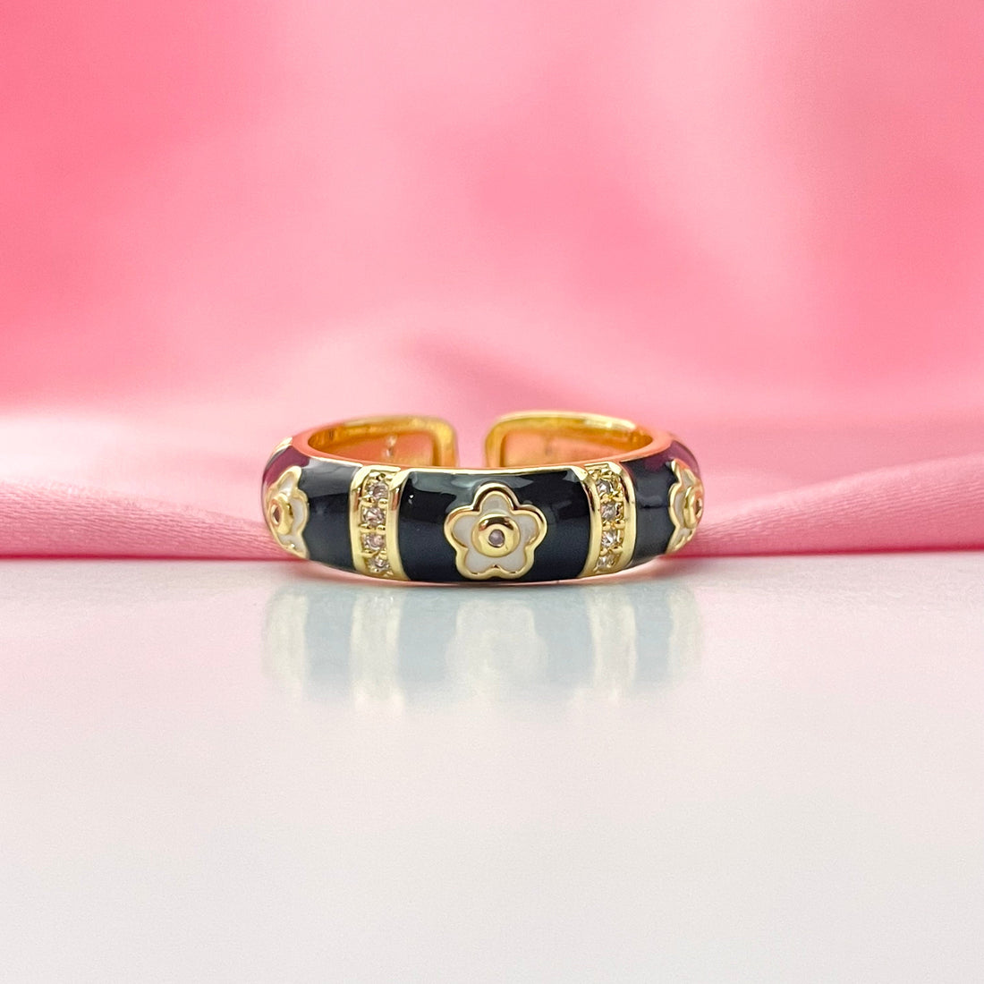 Enamel Flower Design Rhinestone Adjustable Ring – Glossy Lust